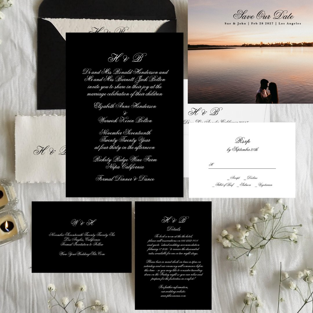 Calligraphy Monogram Black & White Formal Wedding Invitation | Zazzle