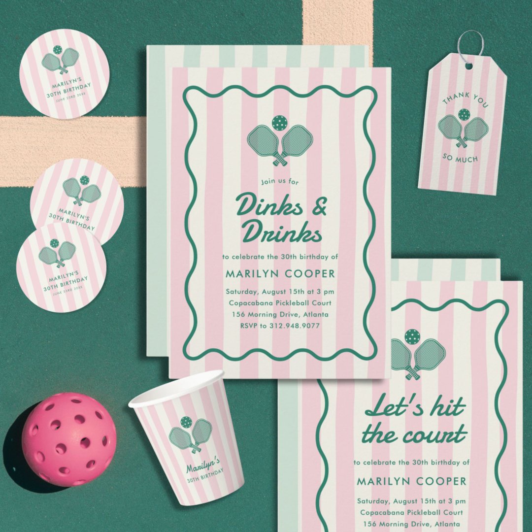Pink Pickleball Dinks and Drinks Birthday Party Invitation | Zazzle