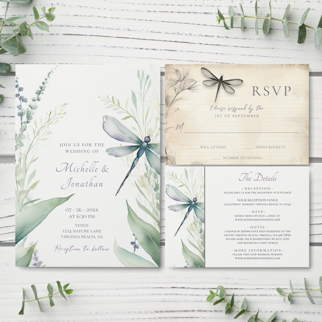 Pretty Watercolor Dragonfly and Greenery Wedding Invitation | Zazzle