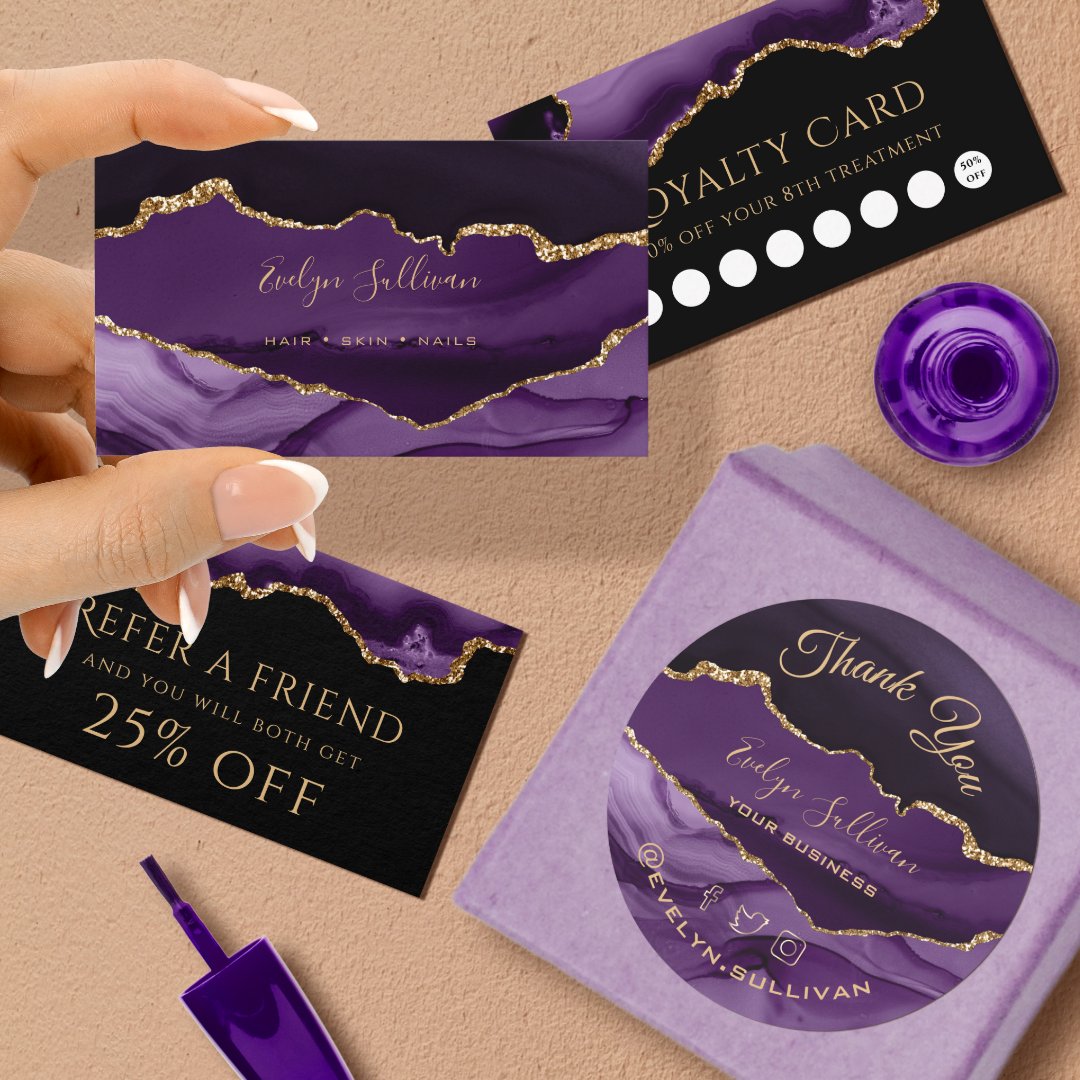 elegant watercolor purple and gold agate business card | Zazzle