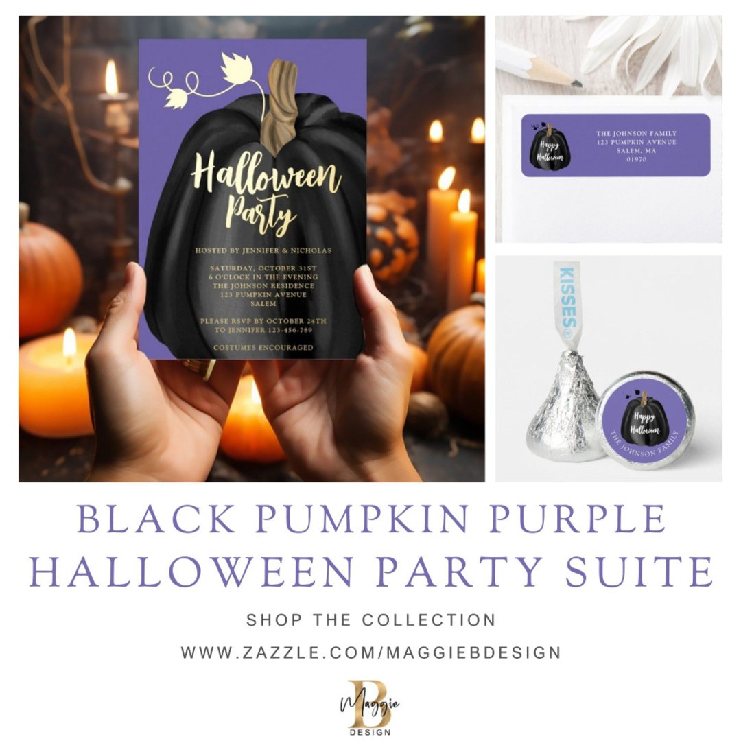 Cute Purple Gold Pumpkin Halloween Party Foil Invitation | Zazzle