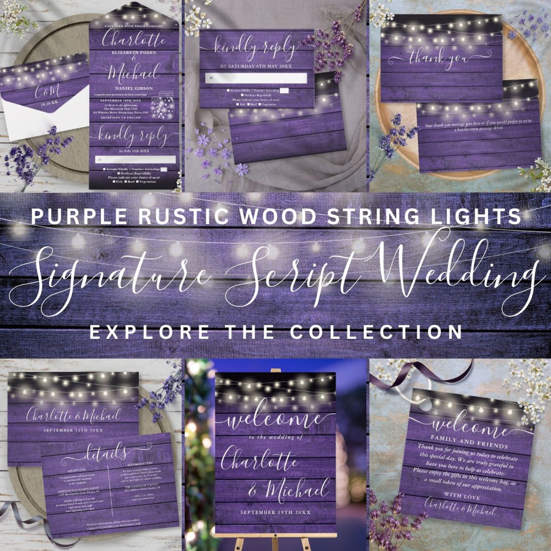 Rustic Purple Wood String Lights QR Code Wedding All In One Invitation ...