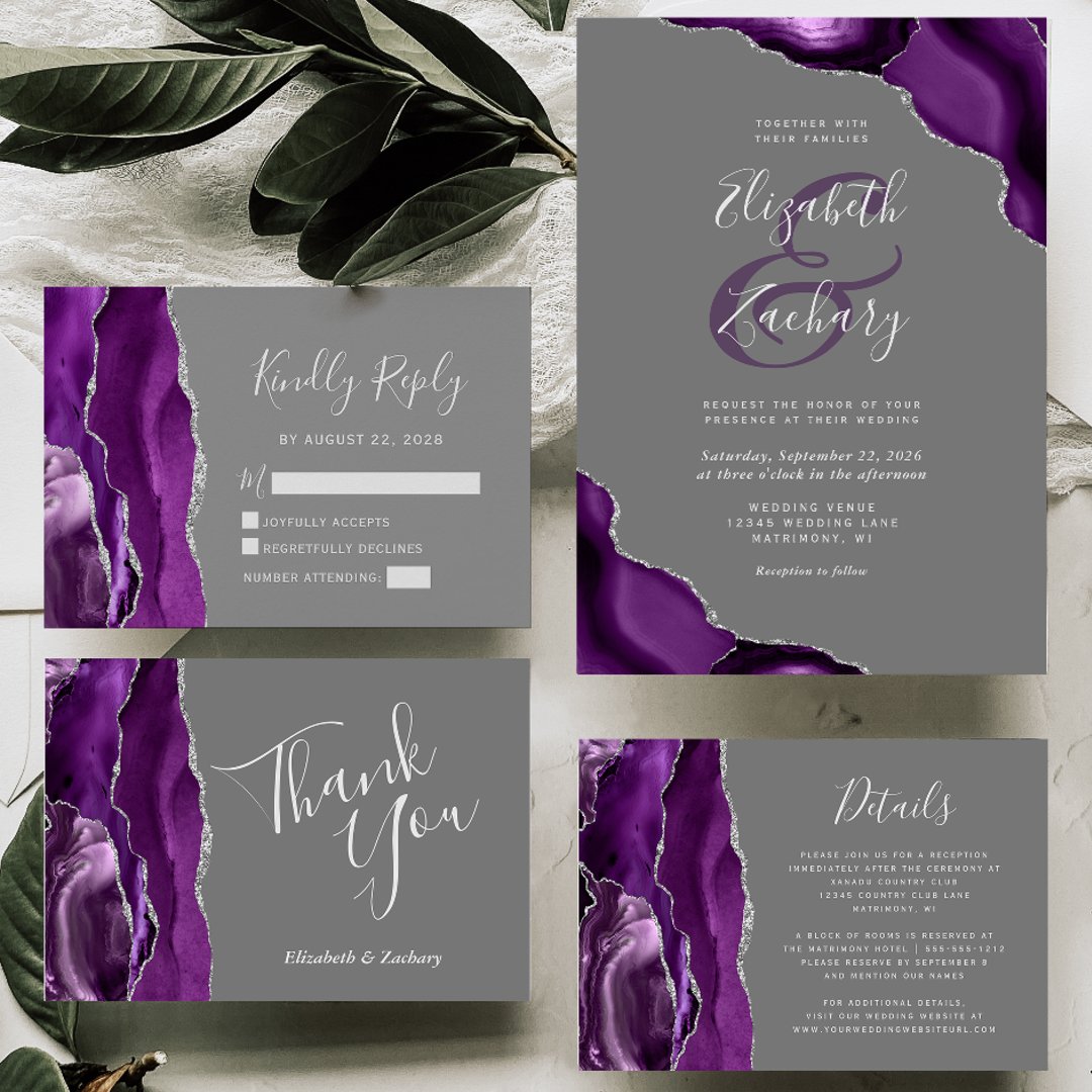 Purple Silver Agate Corners Gray Wedding Invitation | Zazzle