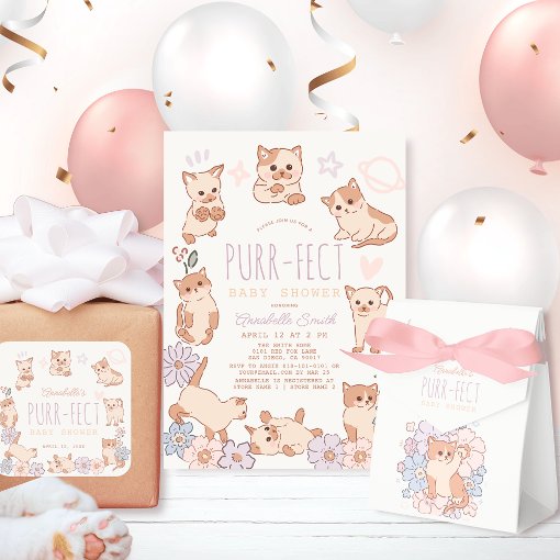 Purr-fect Cute Cats Floral Girl Baby Shower Invitation | Zazzle