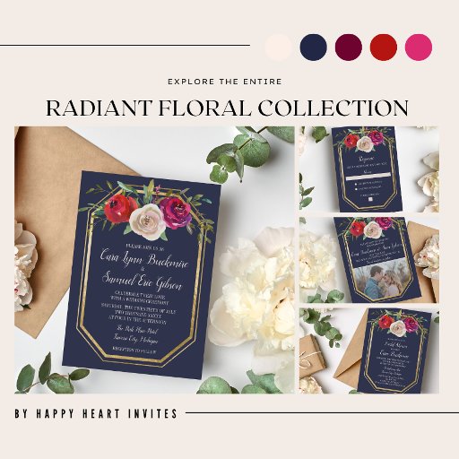 Radiant Floral Navy Blue Burgundy Photo Wedding Invitation | Zazzle