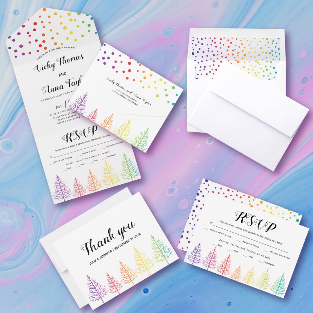 Rainbow colors trees, dots lesbian winter wedding invitation | Zazzle