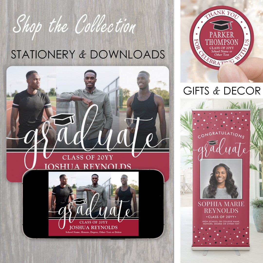 1 Photo Elegant Modern Red Black White Graduation Invitation | Zazzle