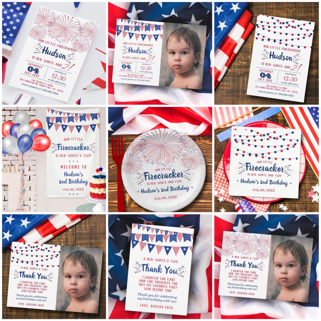 Red, White & Two 4th Of July 2nd Birthday Photo Thank You Card | Zazzle