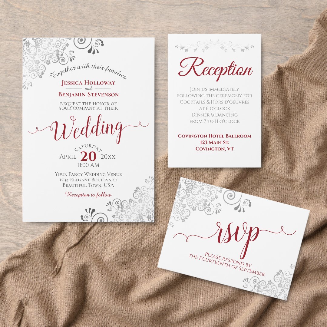 Elegant Crimson Red & Gray Modern Catholic Wedding Invitation | Zazzle