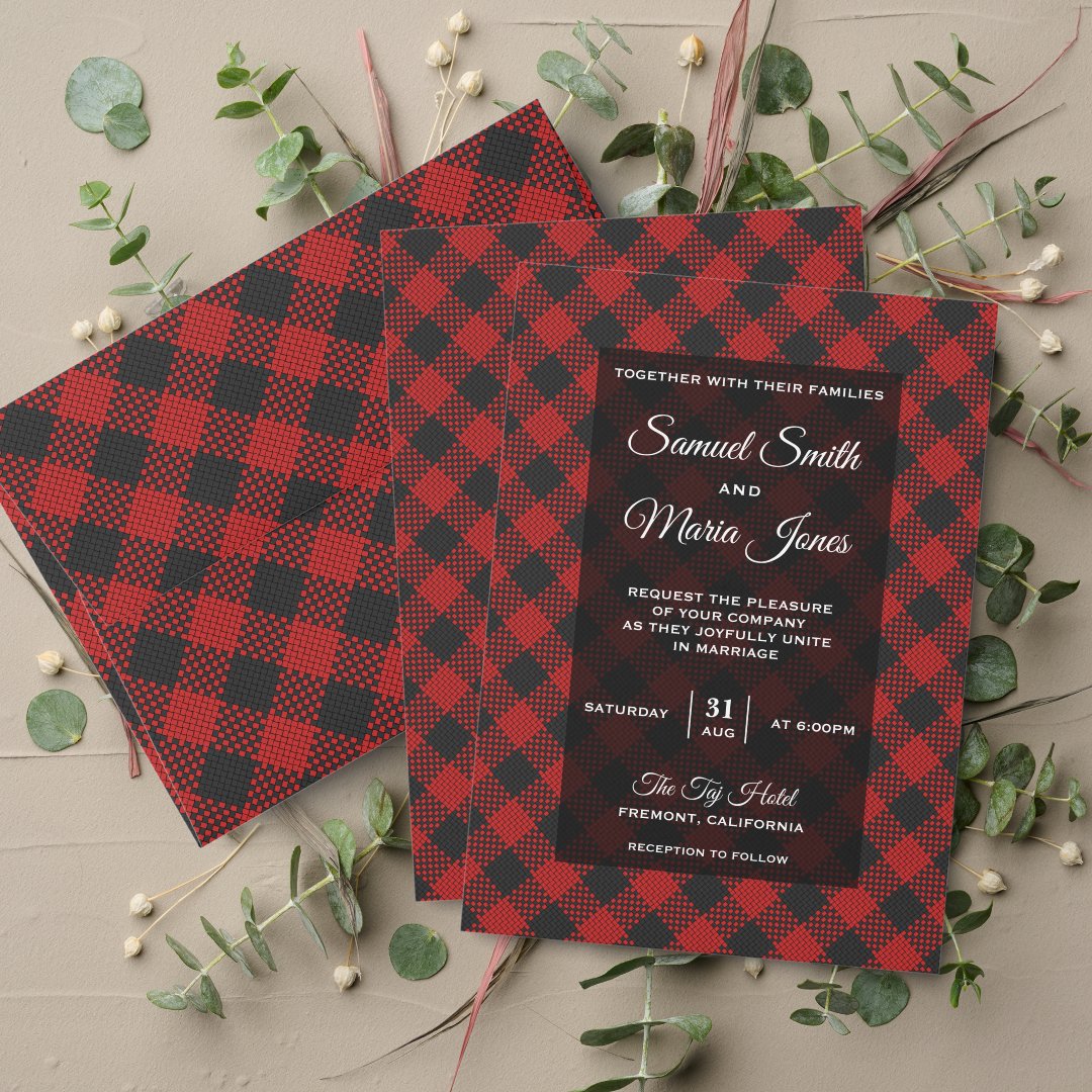 Modern Red Buffalo Plaid Wedding Invitation | Zazzle