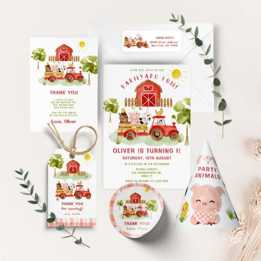 Red Farm animals 2nd birthday party Invitation | Zazzle