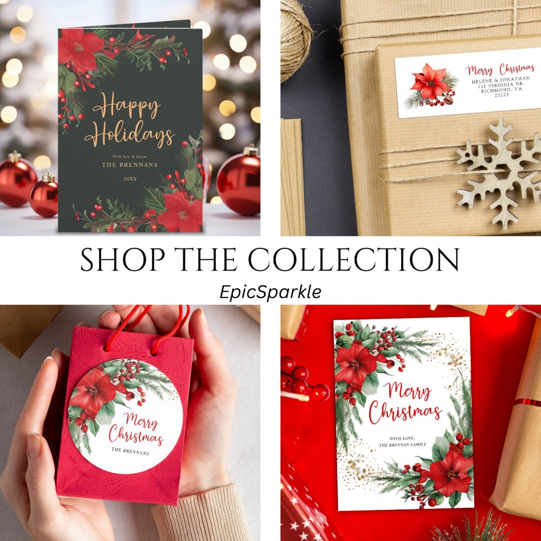 Elegant Red Green Botanical Christmas Party Invitation Postcard | Zazzle