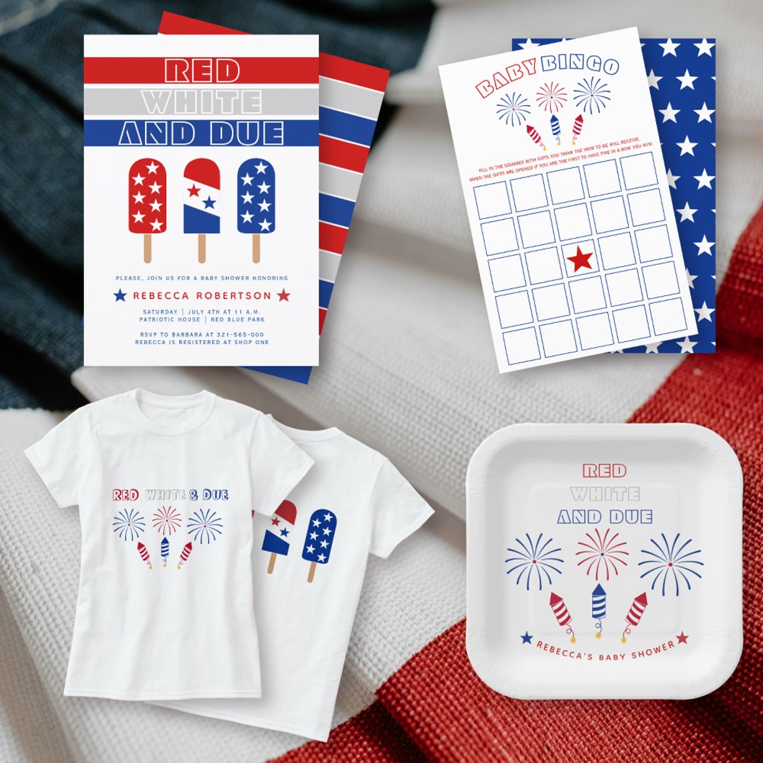 Red White and Due firecrackers baby shower book Enclosure Card | Zazzle