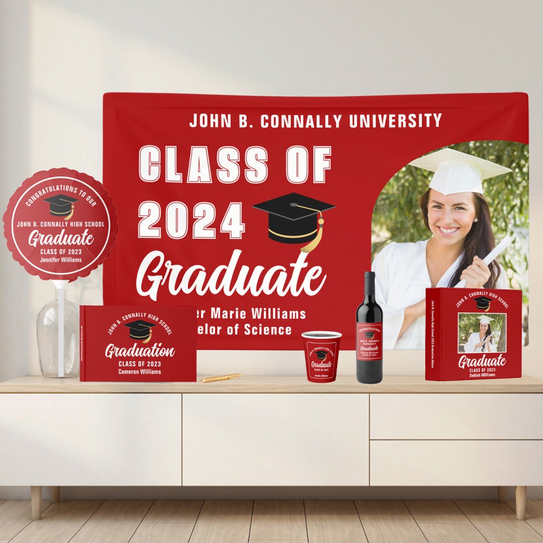 Red White Graduate Modern Arch Graduation Party Photo Block | Zazzle