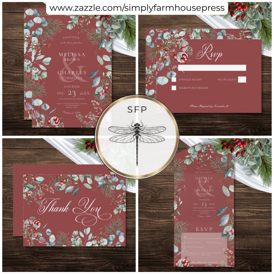 Red Winter Pine Berries Eucalyptus No Dinner All In One Invitation | Zazzle