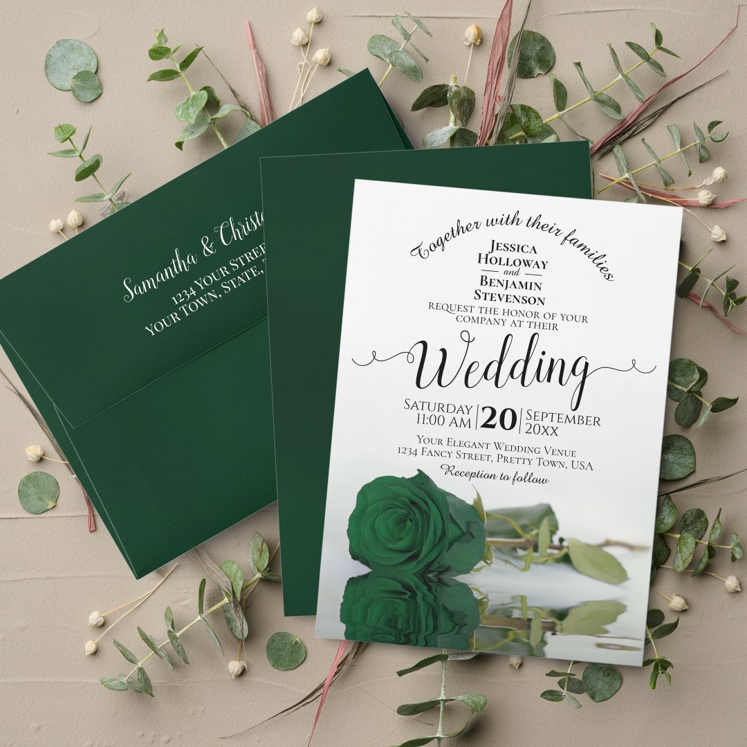 Elegant Emerald Green Rose Fancy QR Code Wedding Invitation | Zazzle