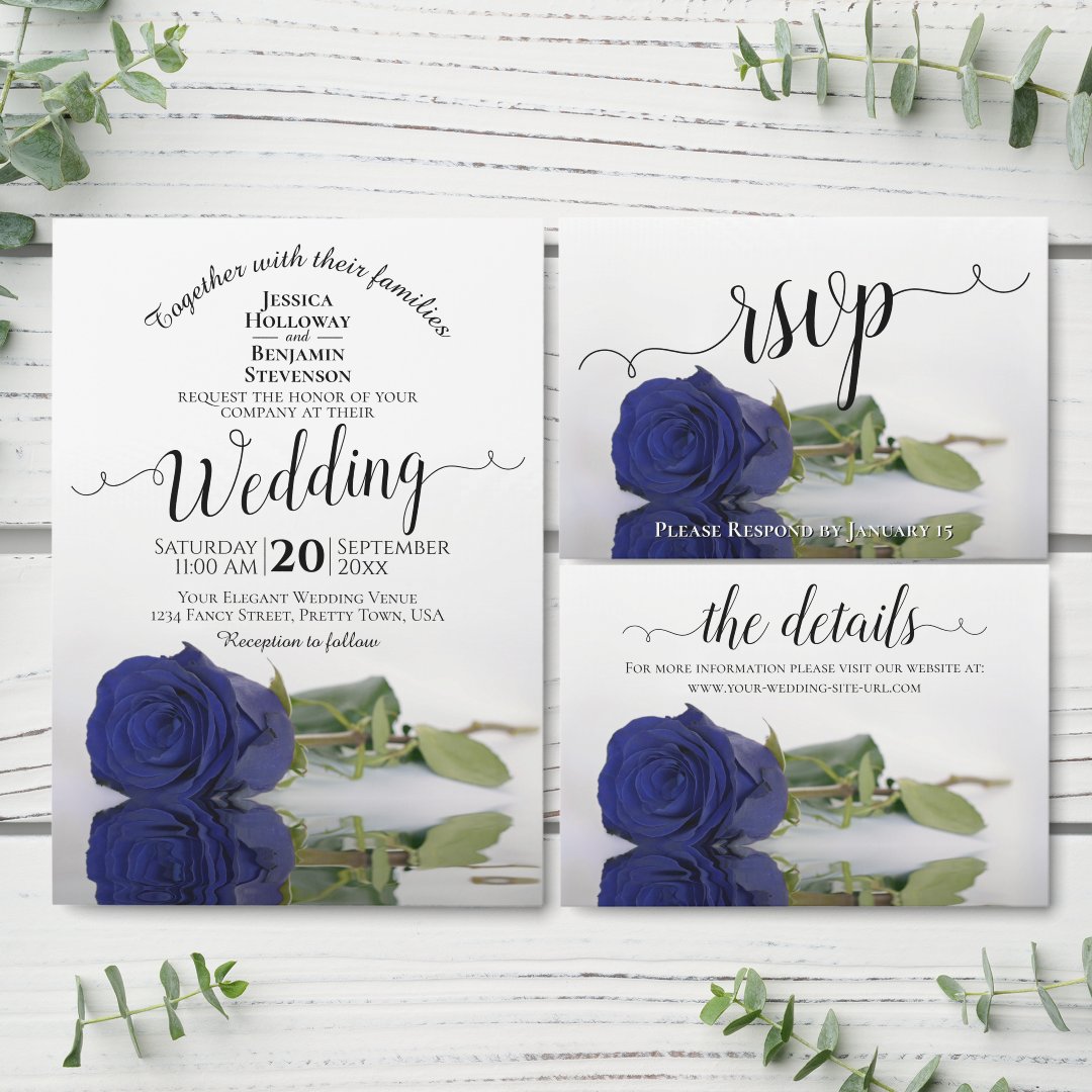 Simple Navy Blue Rose BUDGET Wedding Invitation | Zazzle