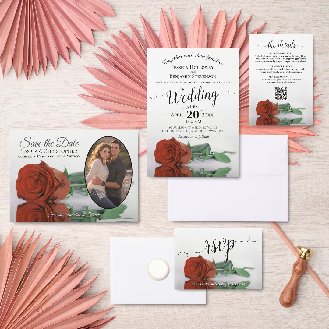 Rust Orange Rose Elegant Wedding Details QR Code Enclosure Card | Zazzle