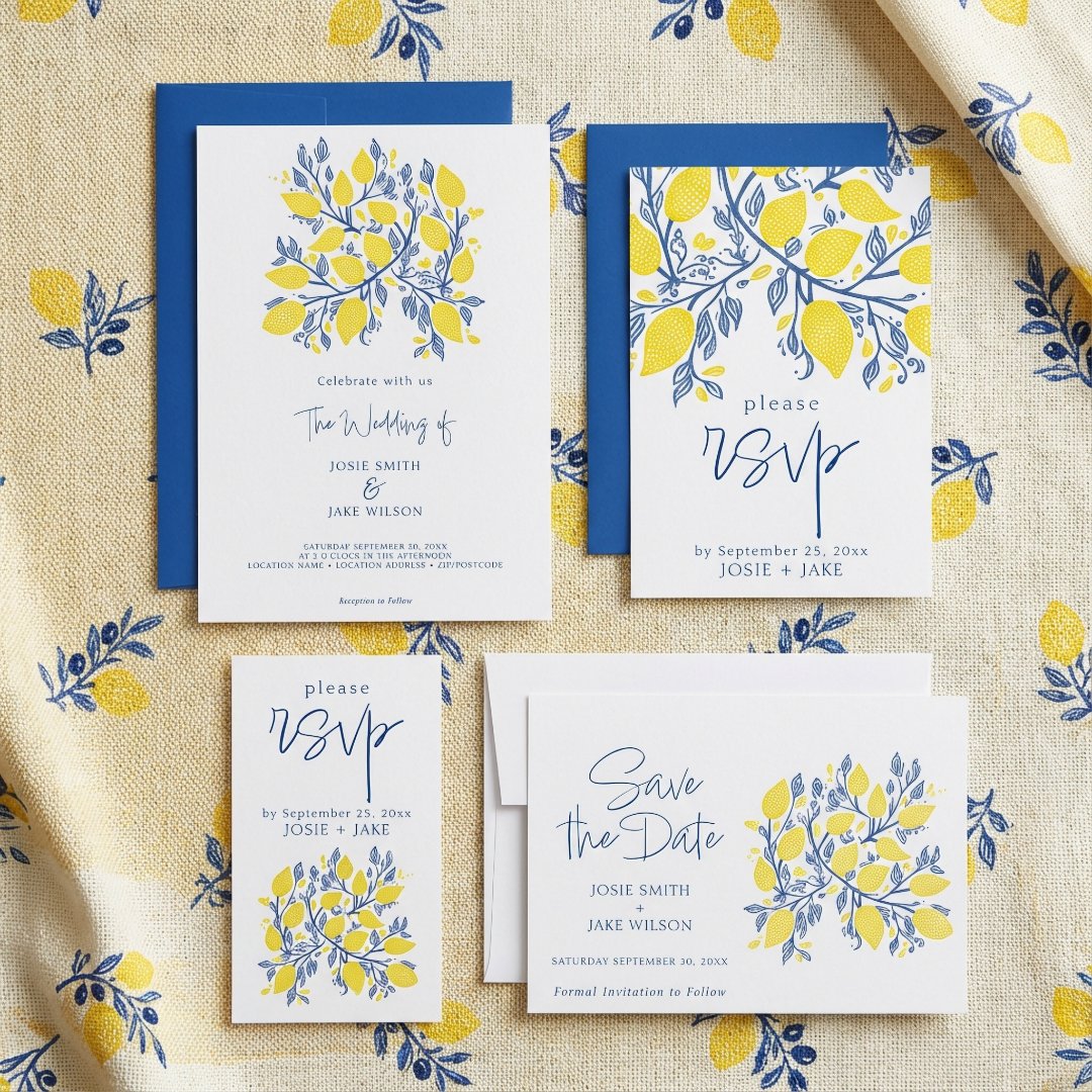 Bright blue and yellow lemon vines pretty wedding invitation | Zazzle