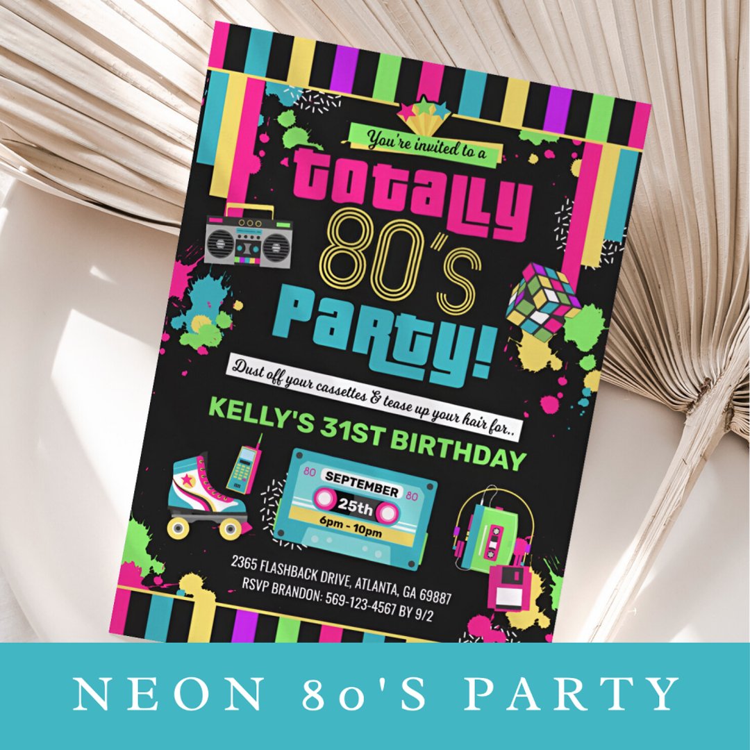 80s Birthday Invitation, 80s Party Invite, Neon Invitation | Zazzle