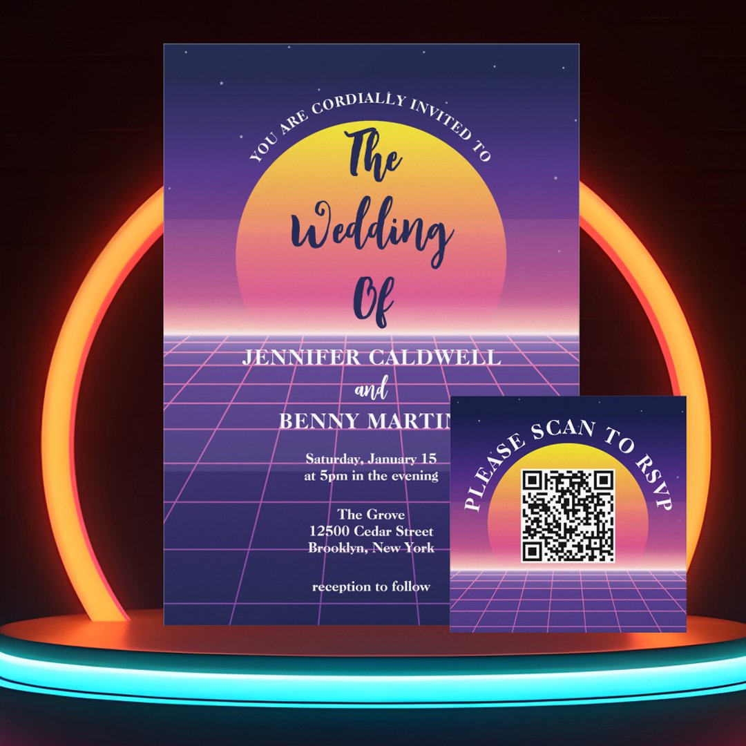 Neon Purple Retro 80s Synthwave Sunset Wedding Magnetic Invitation | Zazzle