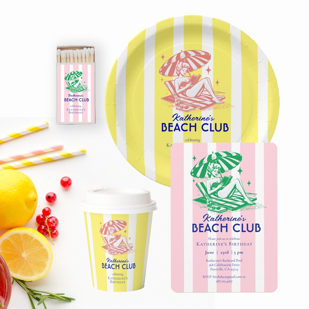 Retro Yellow Stripes Beach Club Birthday Party Invitation | Zazzle
