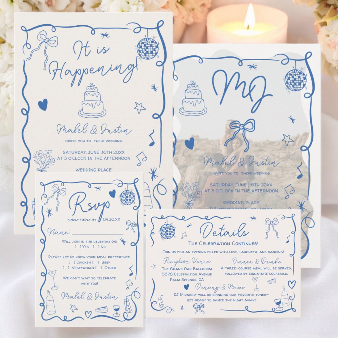 Blue initials handdrawn illustrated photos wedding invitation | Zazzle