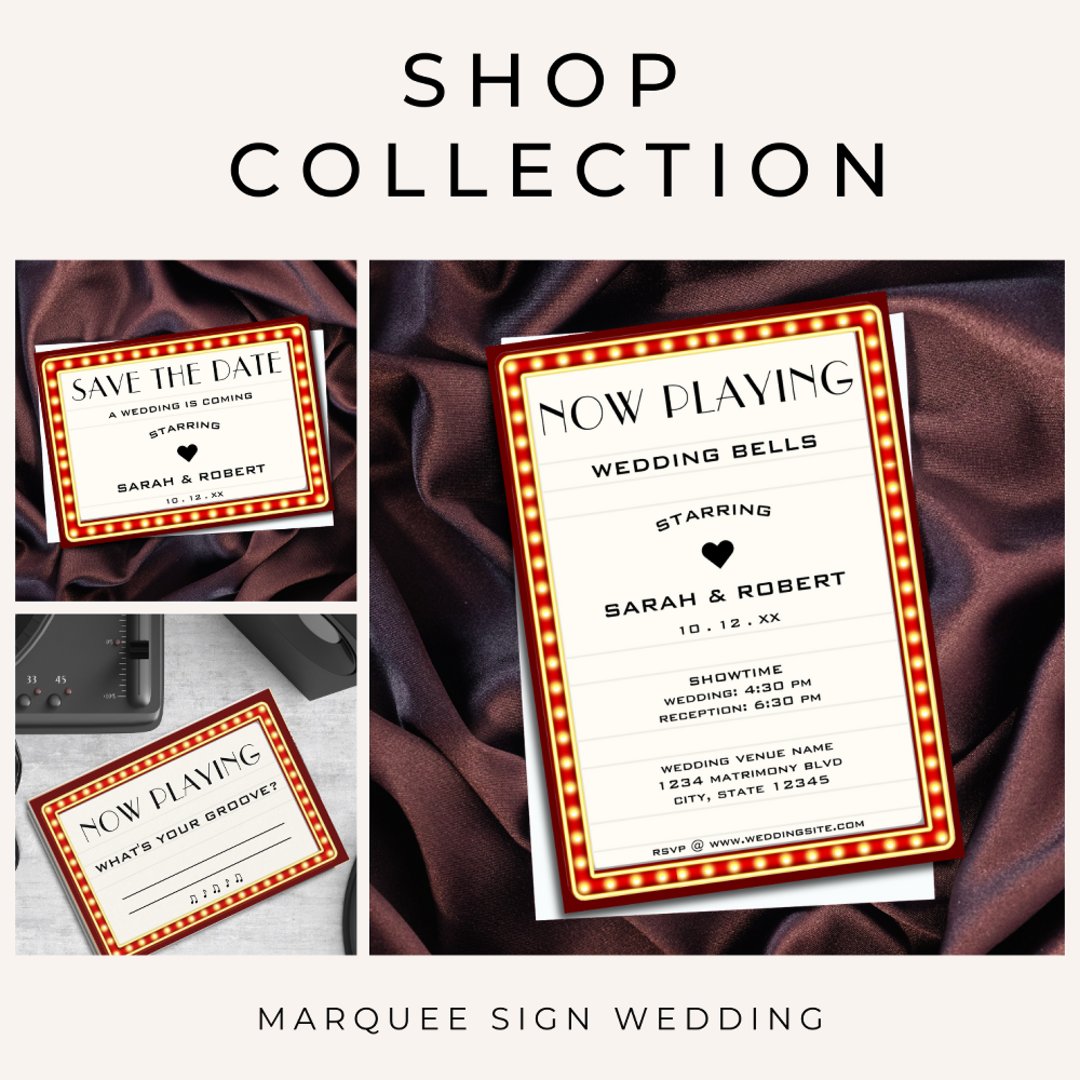 Retro Cinema Theater Marquee Sign Wedding Details Enclosure Card | Zazzle