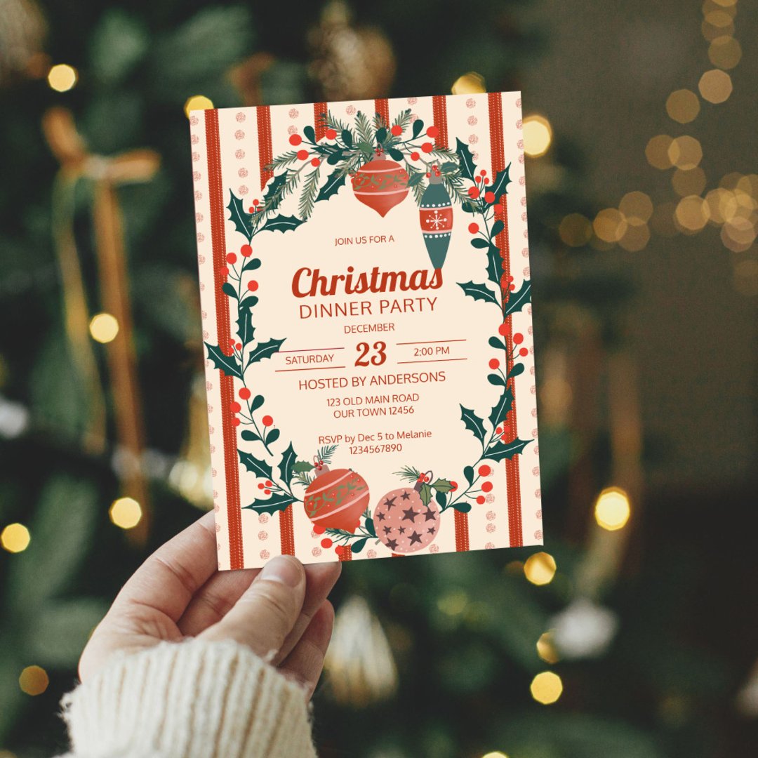 Christmas retro stripes grandmilenial dinner party invitation | Zazzle
