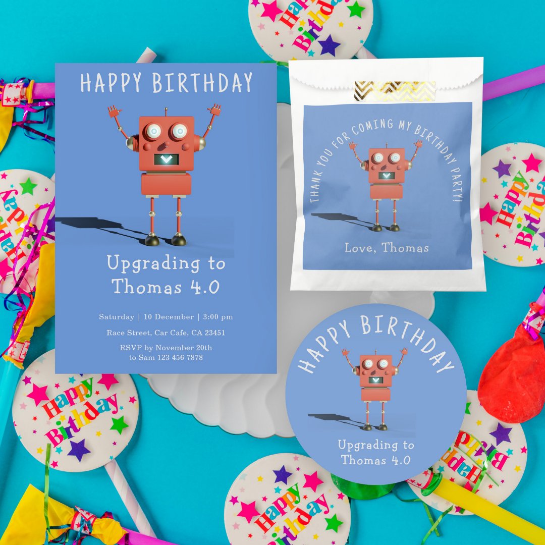 Red 3D robot kids birthday party Invitation | Zazzle