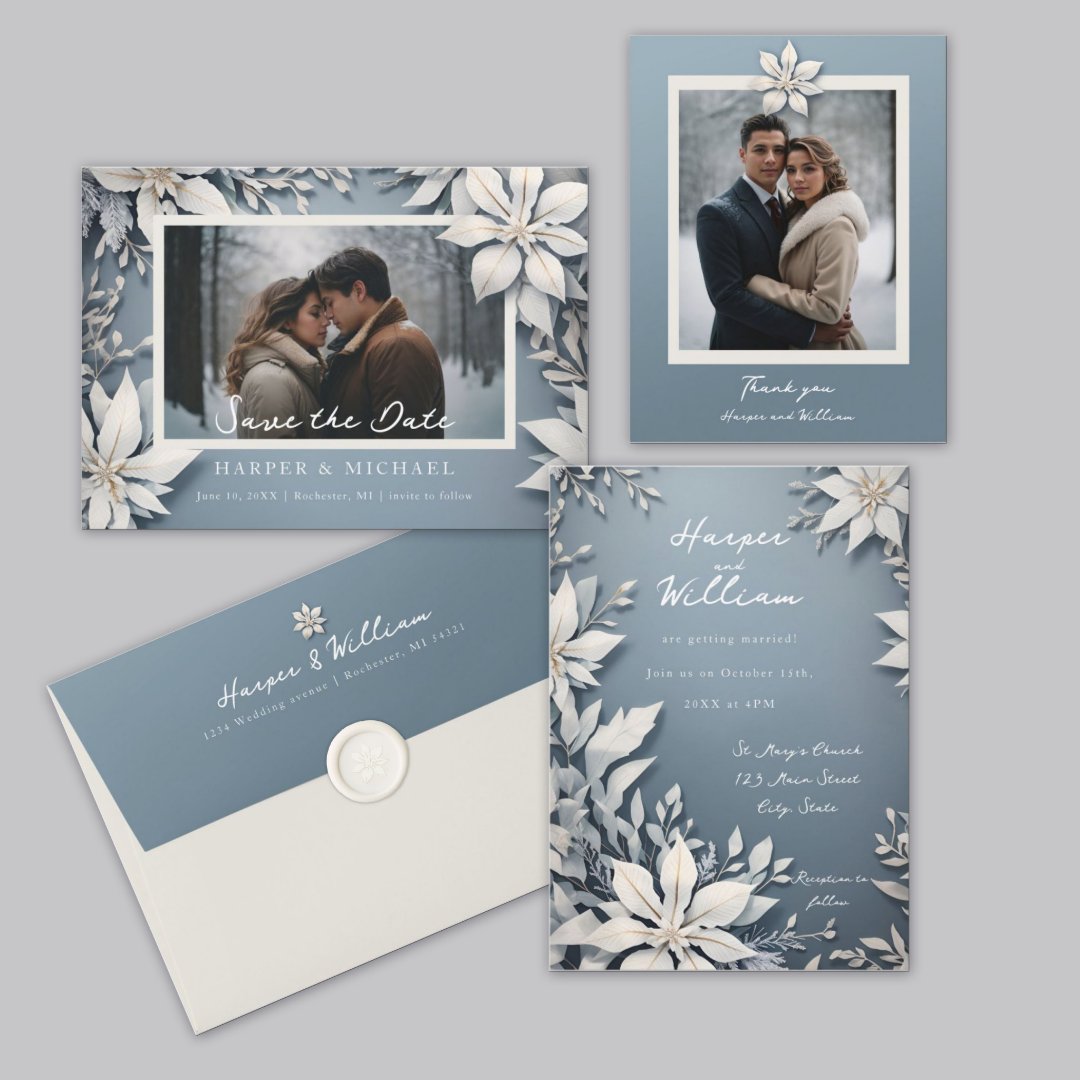 Winter floral white and blue wedding invitation | Zazzle