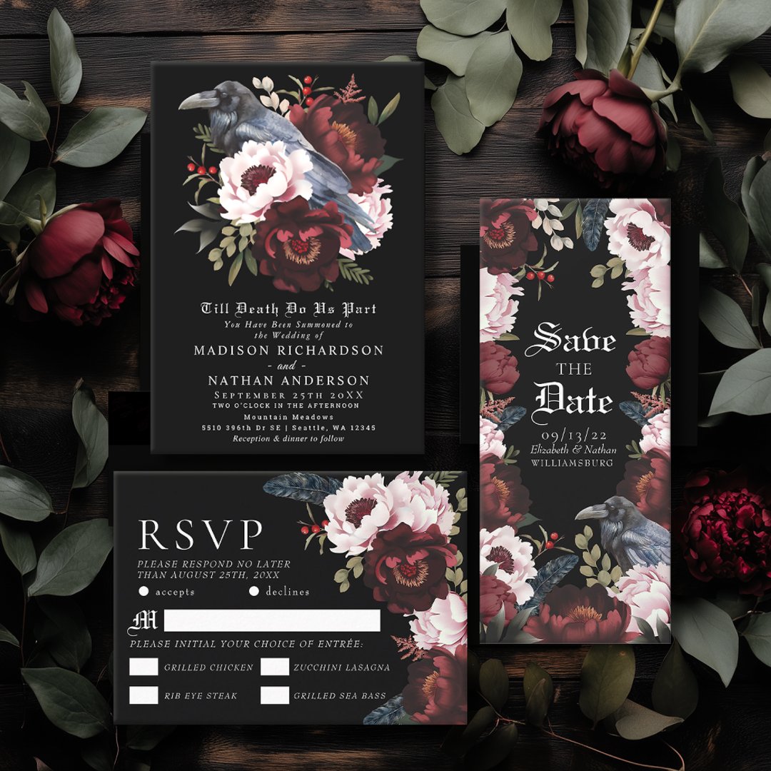 Romantic Gothic Watercolor Raven Floral Wedding All In One Invitation ...