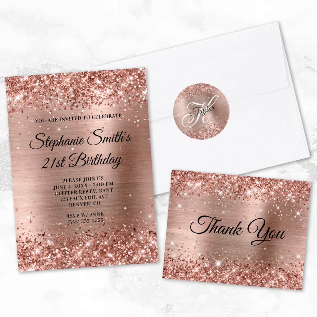Glittery Rose Gold Fancy Monogram 21st Birthday Invitation | Zazzle