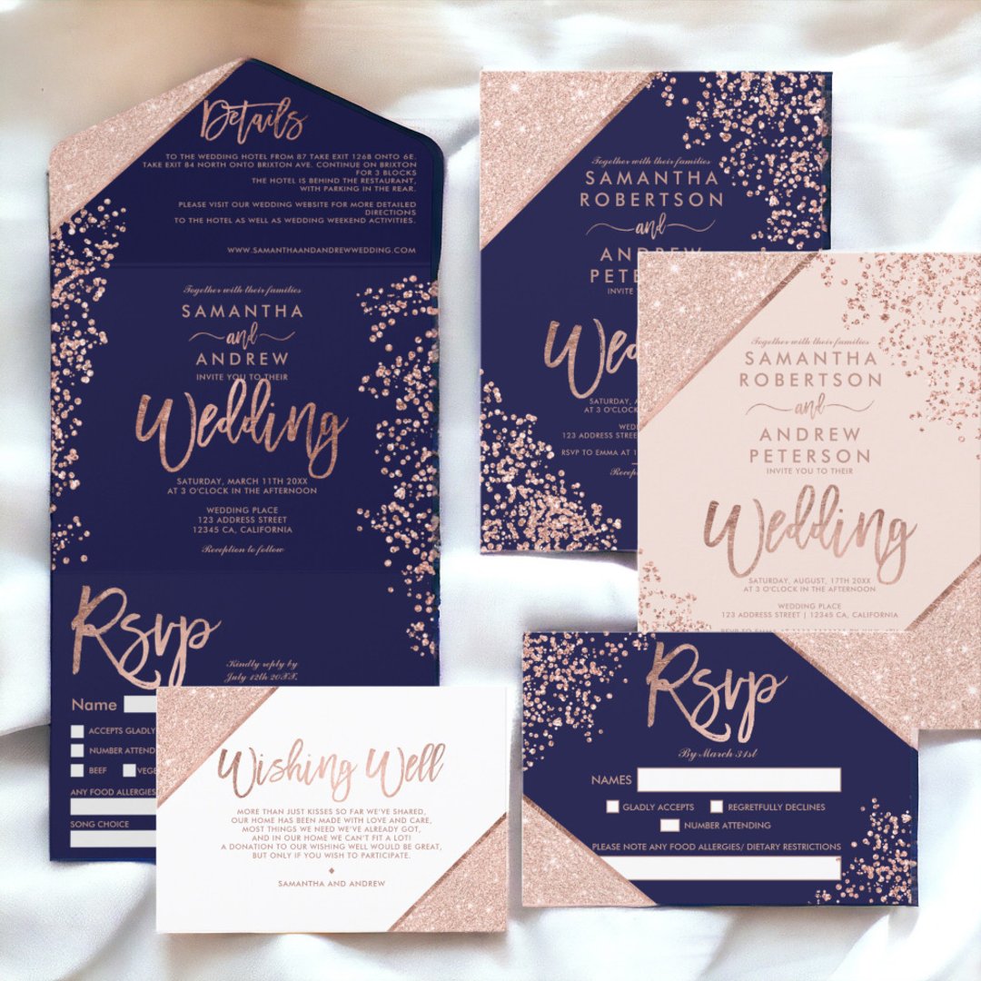 Rose gold glitter confetti chic navy blue wedding invitation | Zazzle