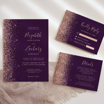 Dark Purple Rose Gold Faux Glitter Edge Wedding Invitation | Zazzle