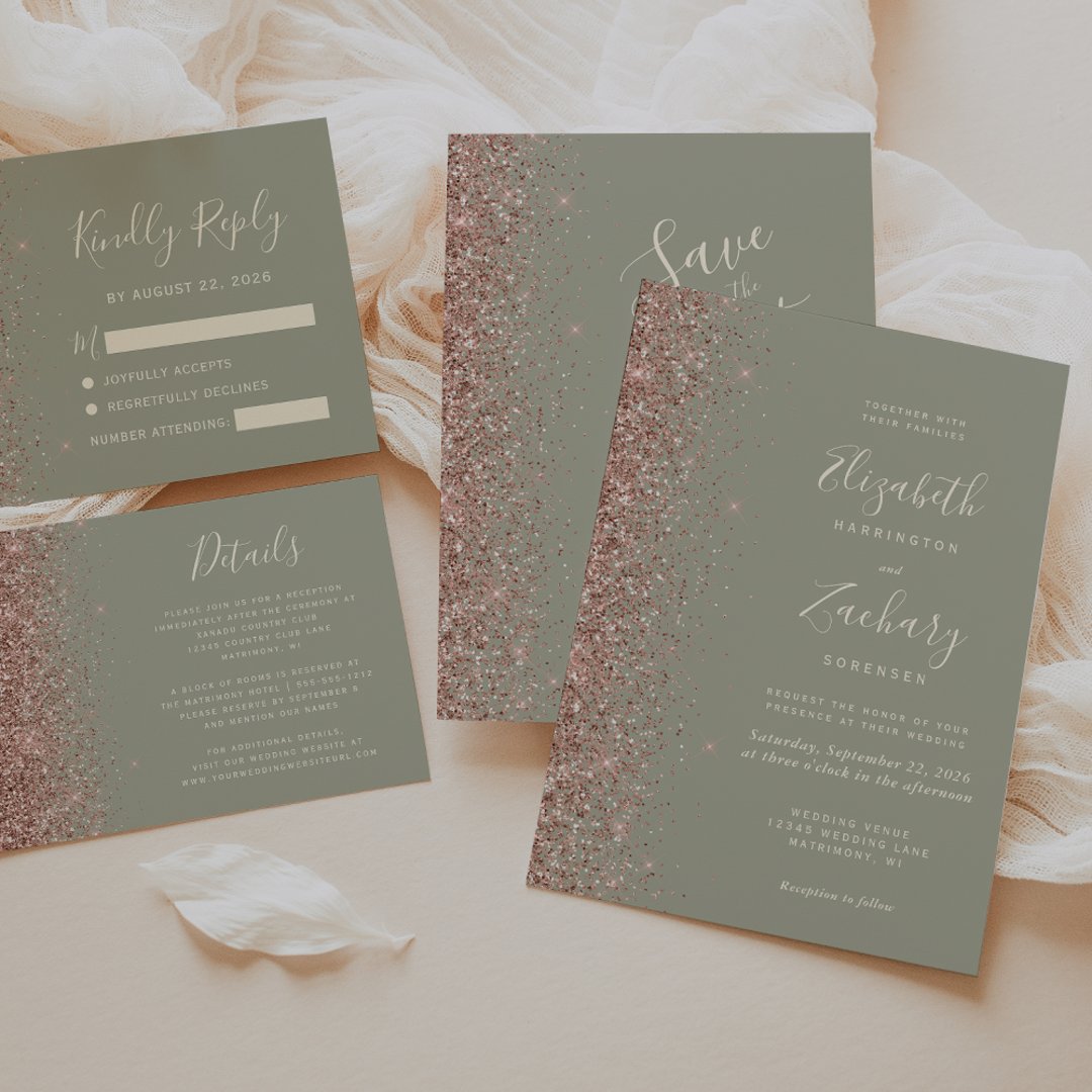 Modern Sage Green Rose Gold Glitter Edge Wedding Invitation | Zazzle