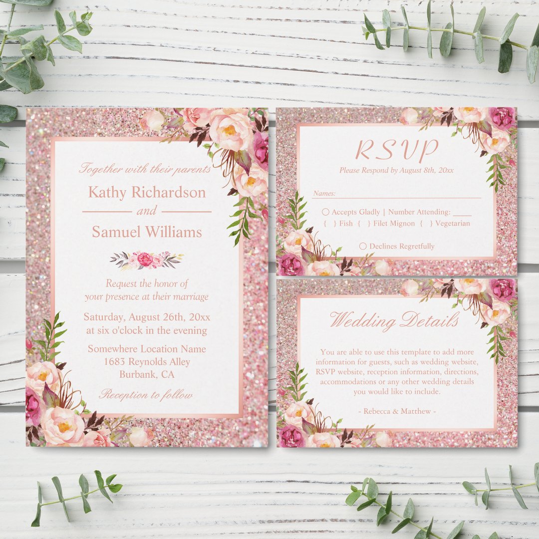 Rose Gold Glitter Pink Floral Wedding Invitation | Zazzle