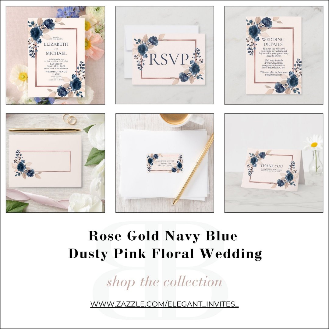 QR Code Rose Gold Navy Blue Dusty Pink Floral Invitation | Zazzle