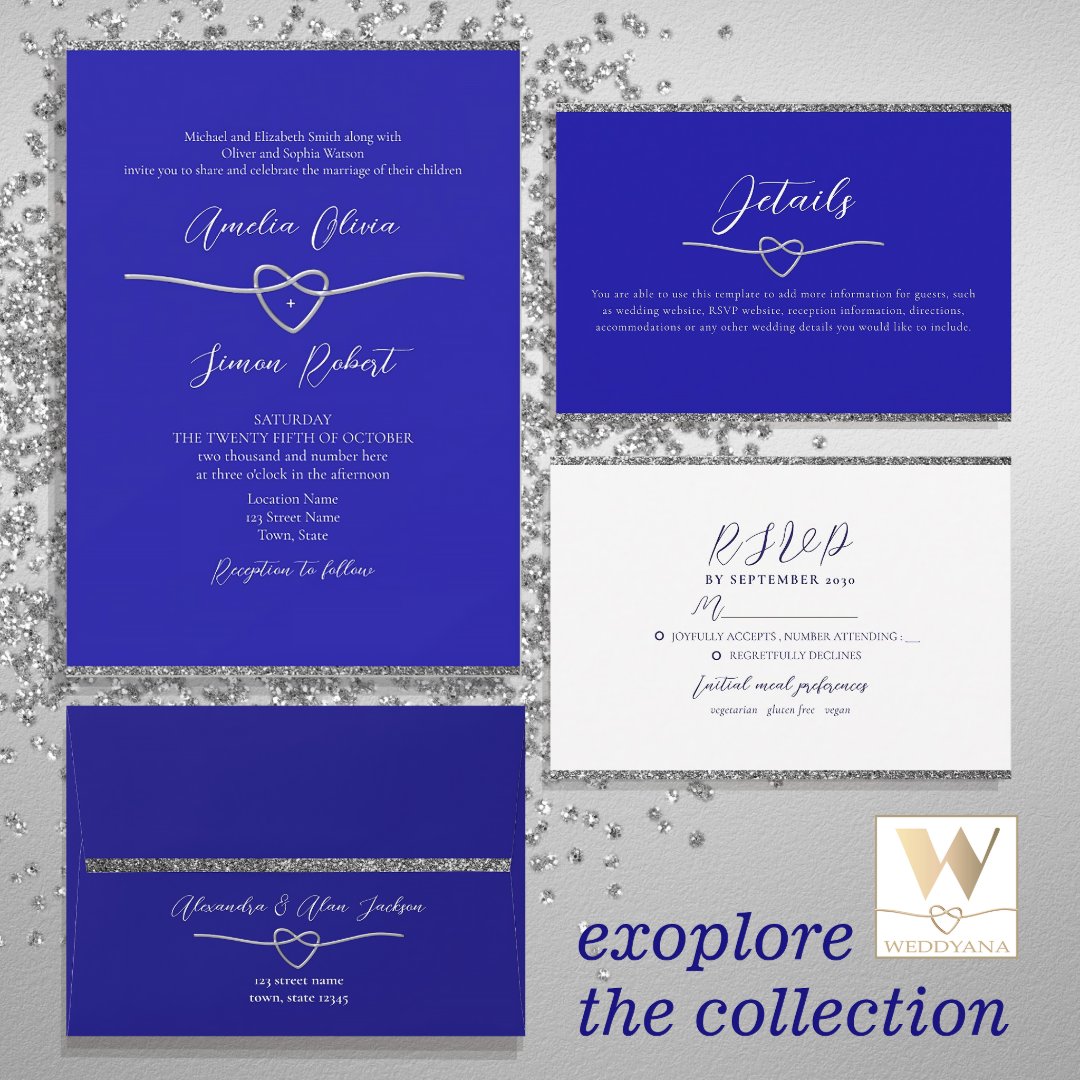 Elegant Silver and Royal Blue Wedding All In One Invitation | Zazzle