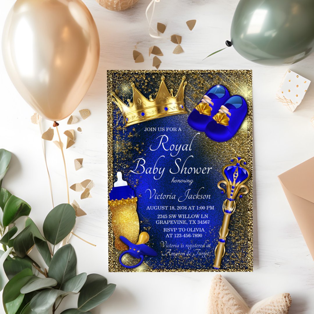 Fancy Royal Blue Prince Baby Shower Invitation | Zazzle