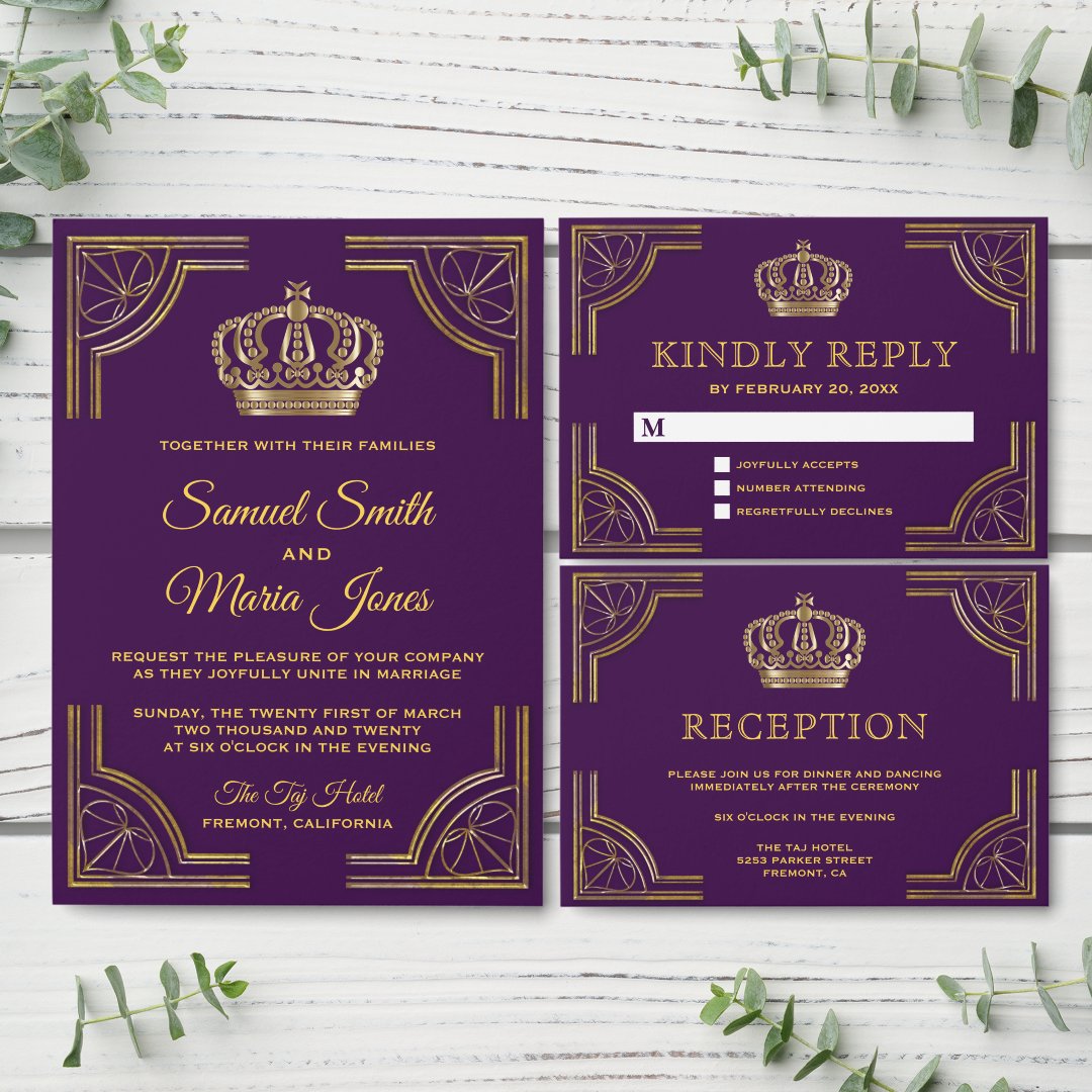 Royal Purple Gold Ornate Crown Wedding Invitation | Zazzle