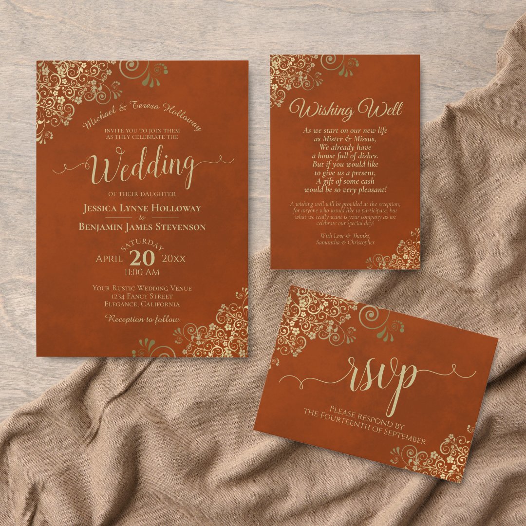 Elegant Rust Orange & Gold Modern Catholic Wedding Invitation | Zazzle