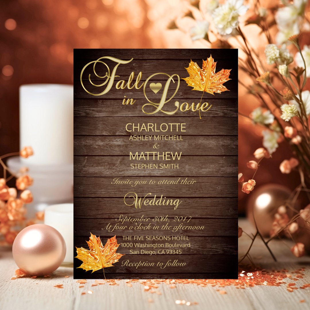 Elegant FALL in LOVE Rustic Wood Wedding Invitation | Zazzle