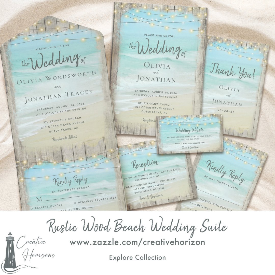 Rustic Wood On The Beach String Lights Wedding Invitation | Zazzle