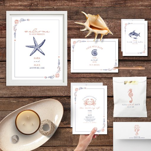 Elegant Rustic Red & Blue Beach Wedding Crab Invitation | Zazzle