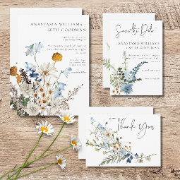 Rustic Dusty Blue Wildflowers & Daisies Wedding Table Number | Zazzle