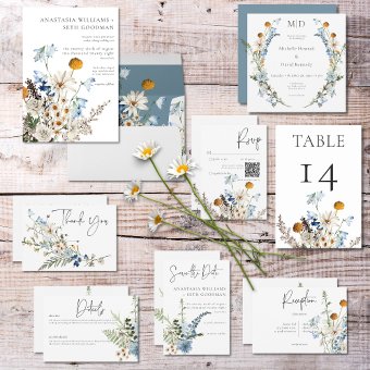 Rustic Dusty Blue Wildflowers & Daisies Wedding Table Number | Zazzle
