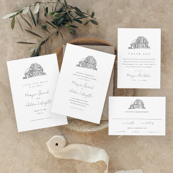 Elegant Barn Black and White Rustic Wedding Invitation | Zazzle