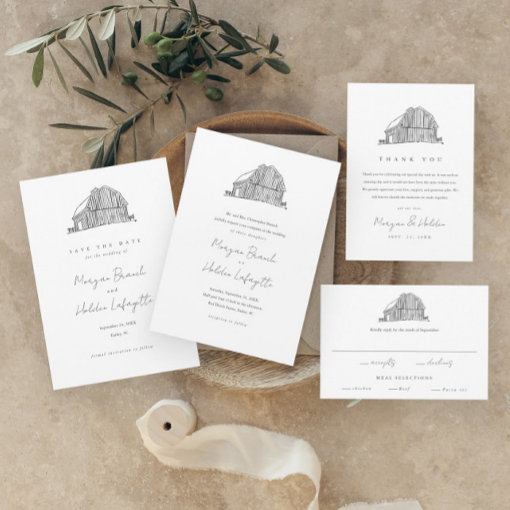 Elegant Barn Black and White Rustic Wedding Invitation | Zazzle