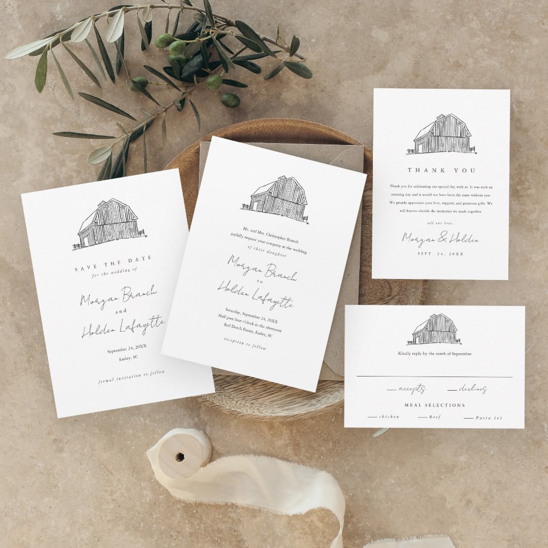 Elegant Barn Black and White Rustic Wedding Invitation | Zazzle